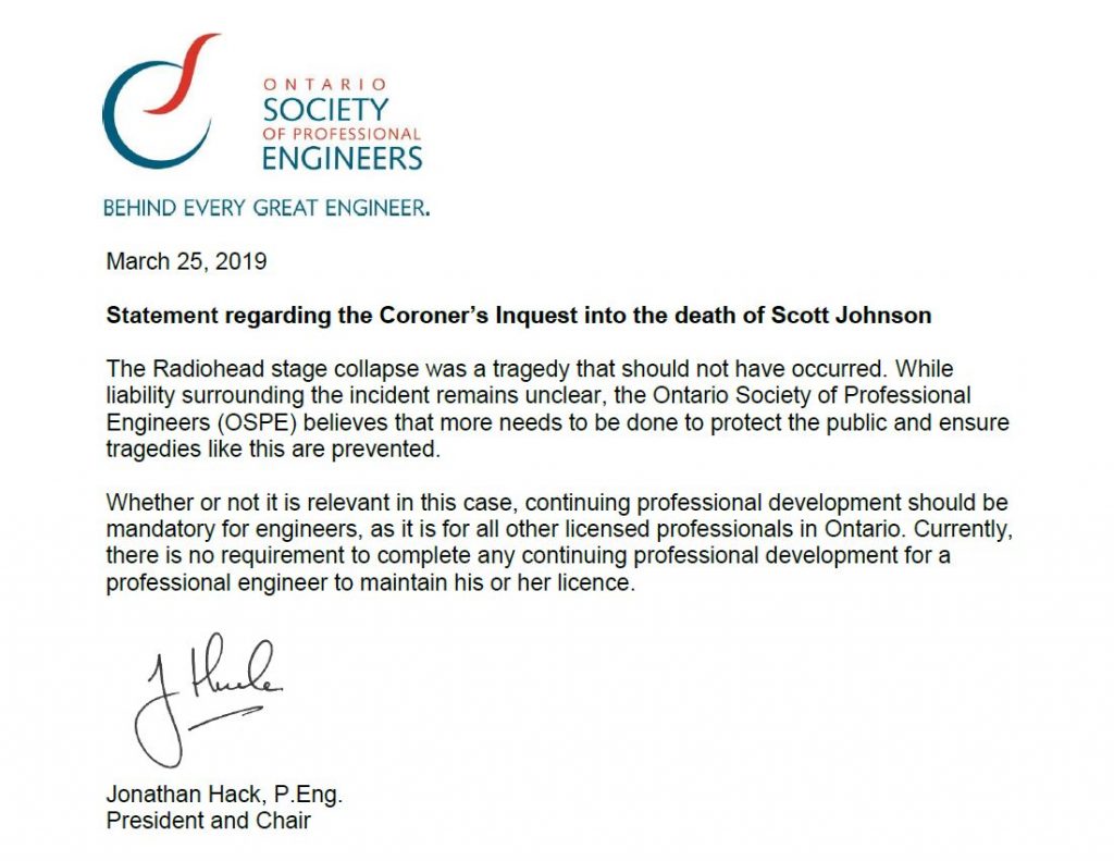 OSPE releases statement on Coroner’s Inquest into the Radiohead stage ...